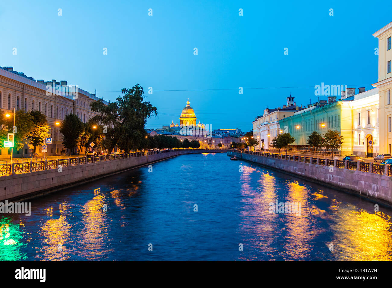 Beautiful night view of the Moyka River and historic buildings from the ...
