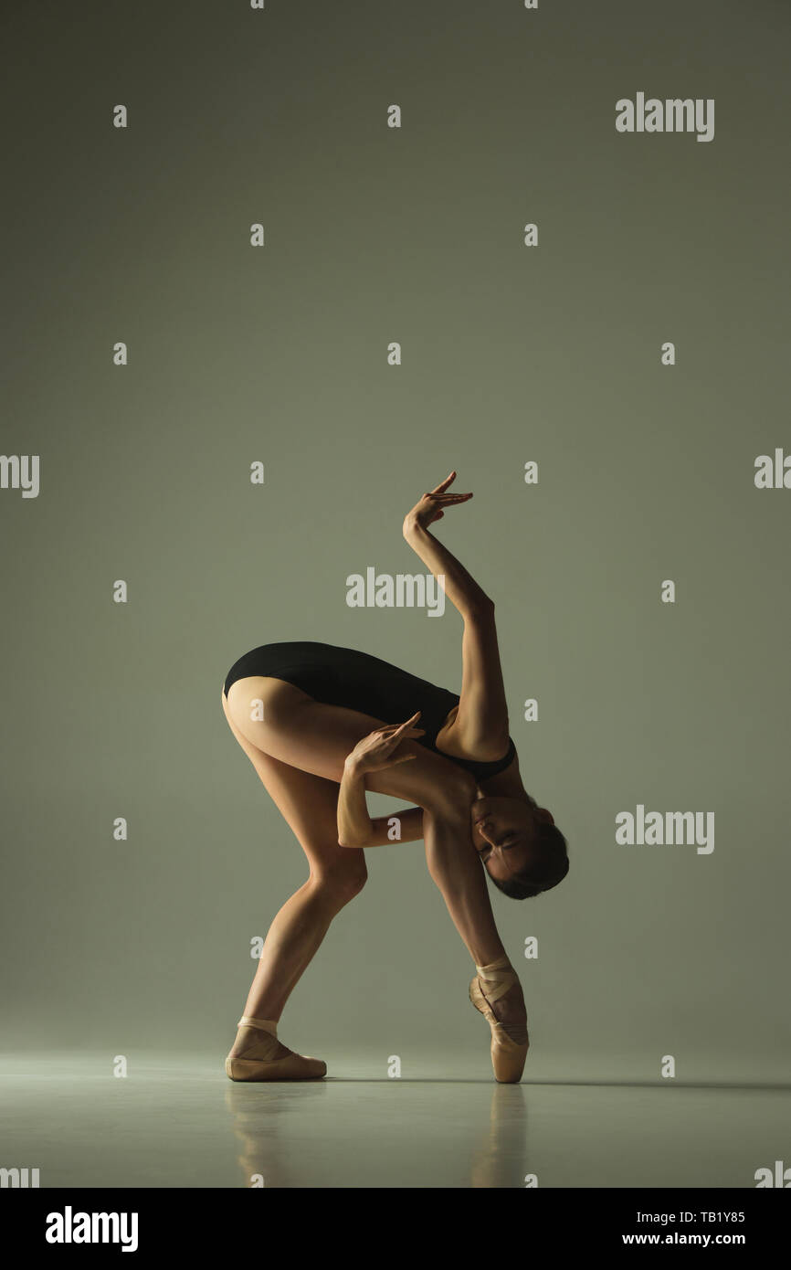 Graceful ballet dancer or classic ballerina dancing isolated on grey ...