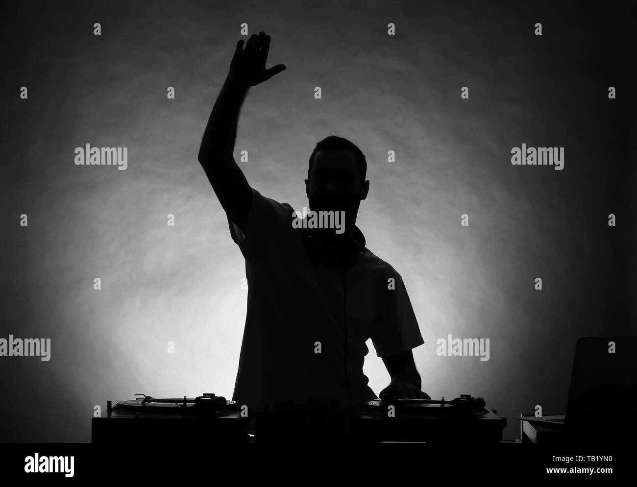 Dj playing music on vinyl Black and White Stock Photos & Images - Alamy