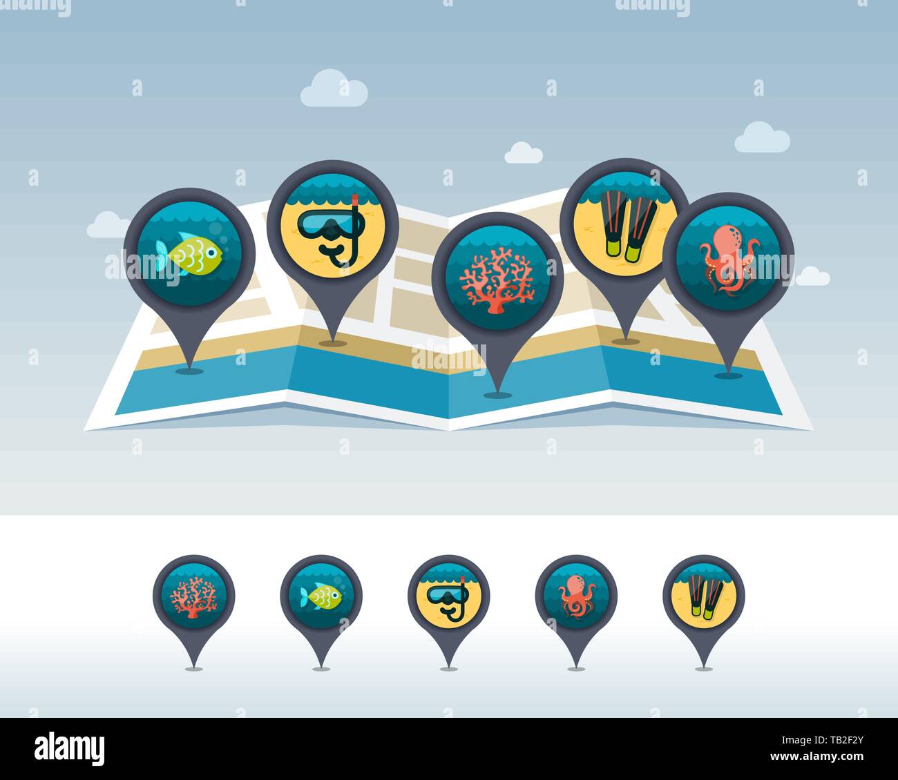 Diving flipper, mask and tube, fish, octopus and coral pin map icon ...