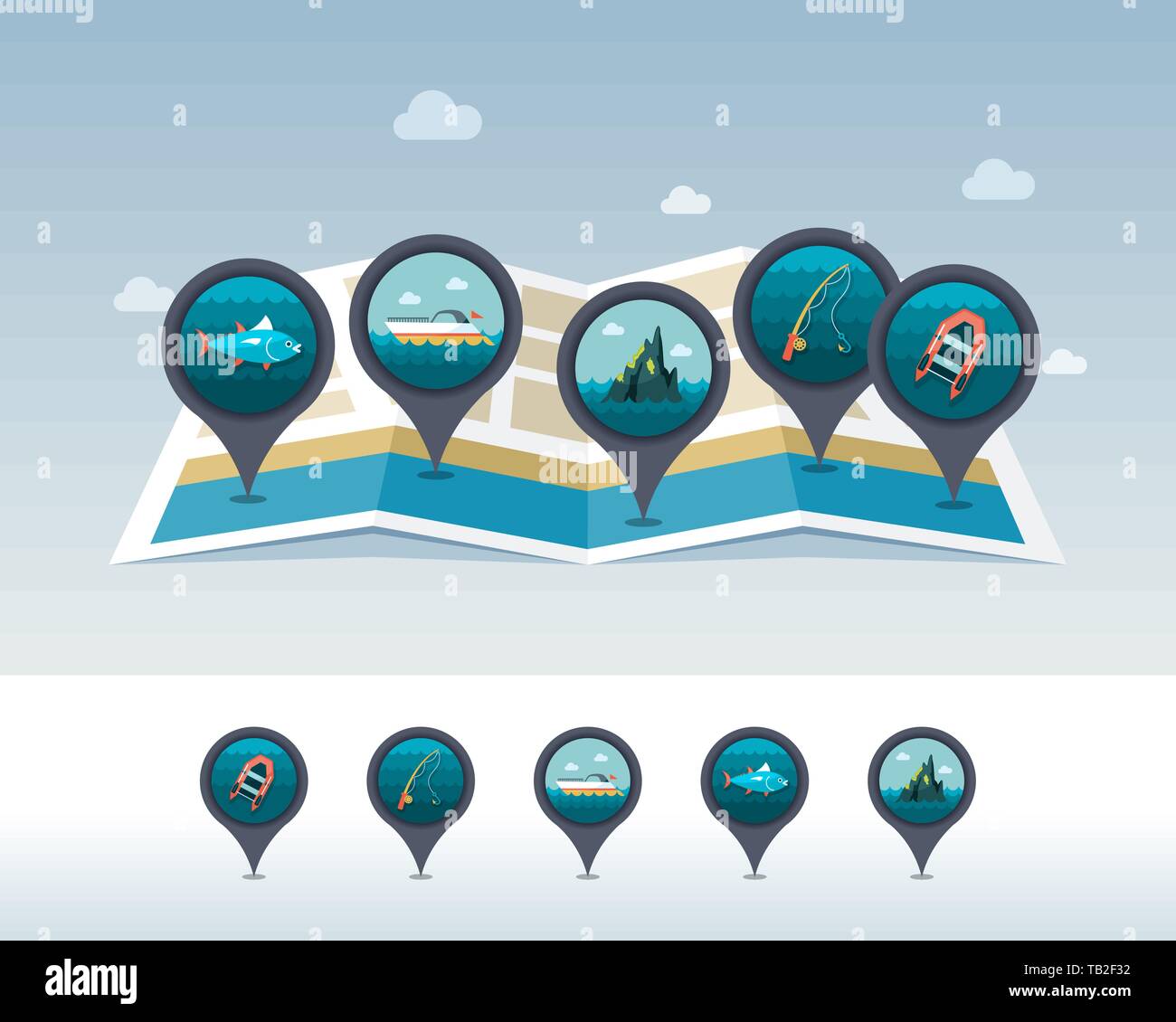 Fishing rod, tuna, inflatable boat, yacht and rock pin map icon located ...