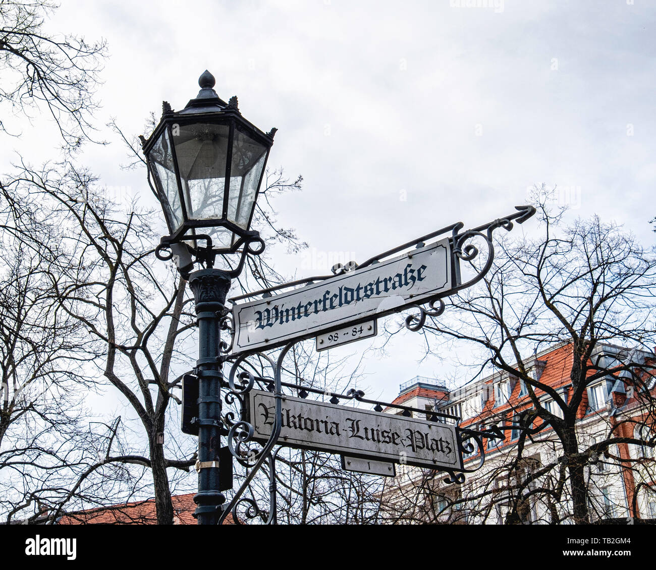 Schöneberg-Berlin. Old street lamps And road signs at corner of ...
