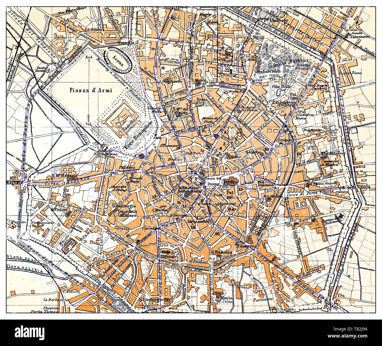 Historical map of Milan, Italy, 19th century, Historische ...