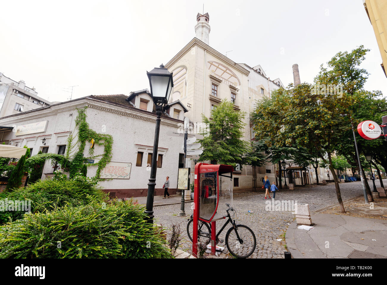 Belgrade, Serbia - June 16, 2018. Historic place Skadarlija with phone ...