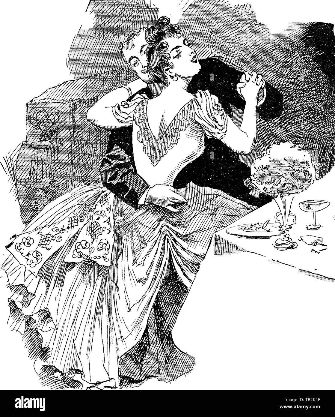 Vintage caricature: romantic couple cuddling at the dinner table Stock ...