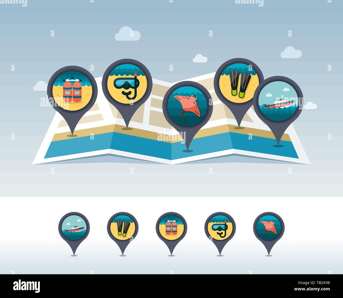 Speed boat, dive oxygen tank, diver mask and tube, ramp and diving ...