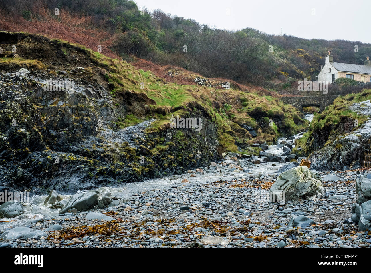 The rocky shore of Pembrokeshire, a bay with a cottage by the water and ...