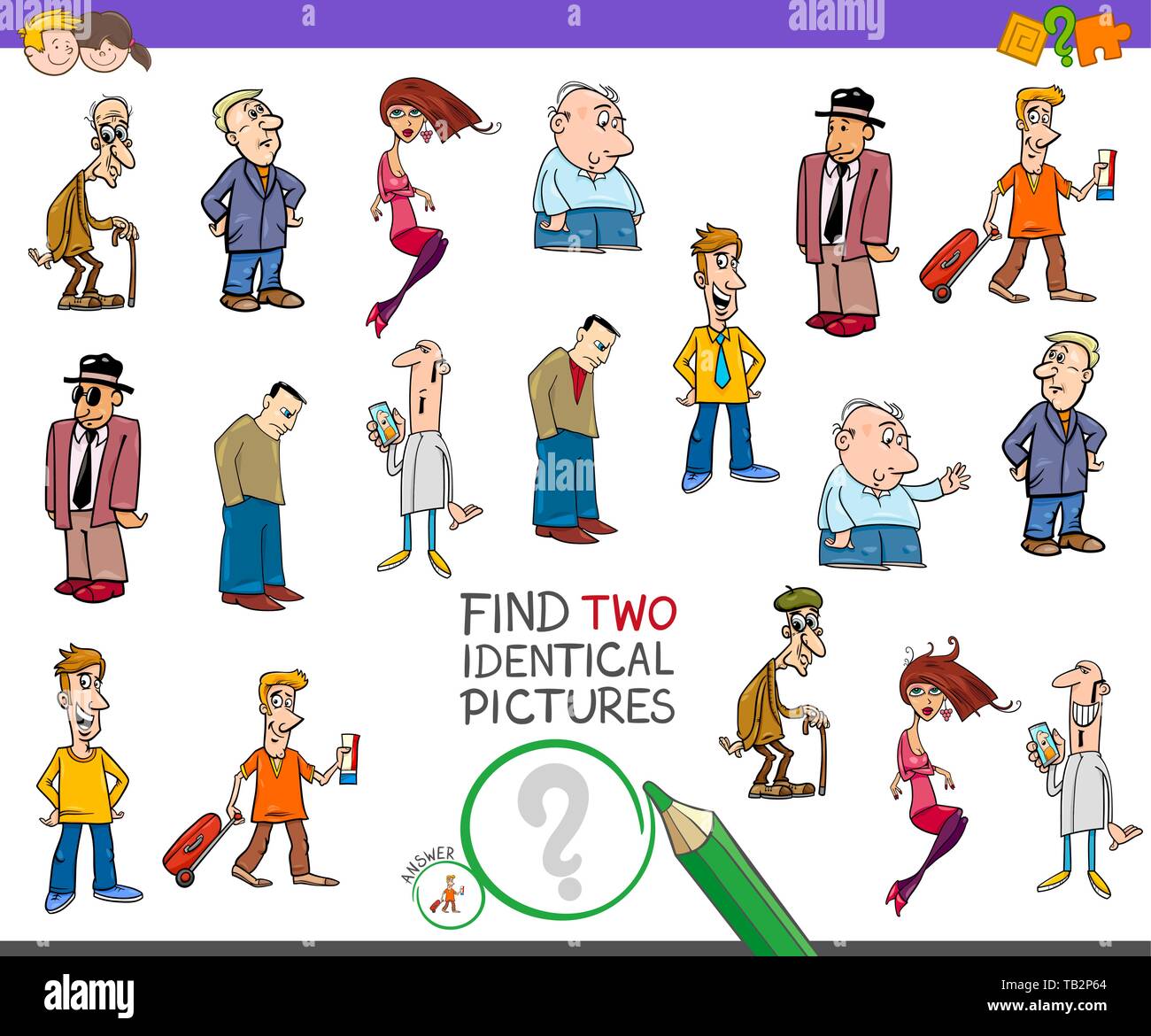 Cartoon Illustration of Finding Two Identical Pictures Educational Game ...