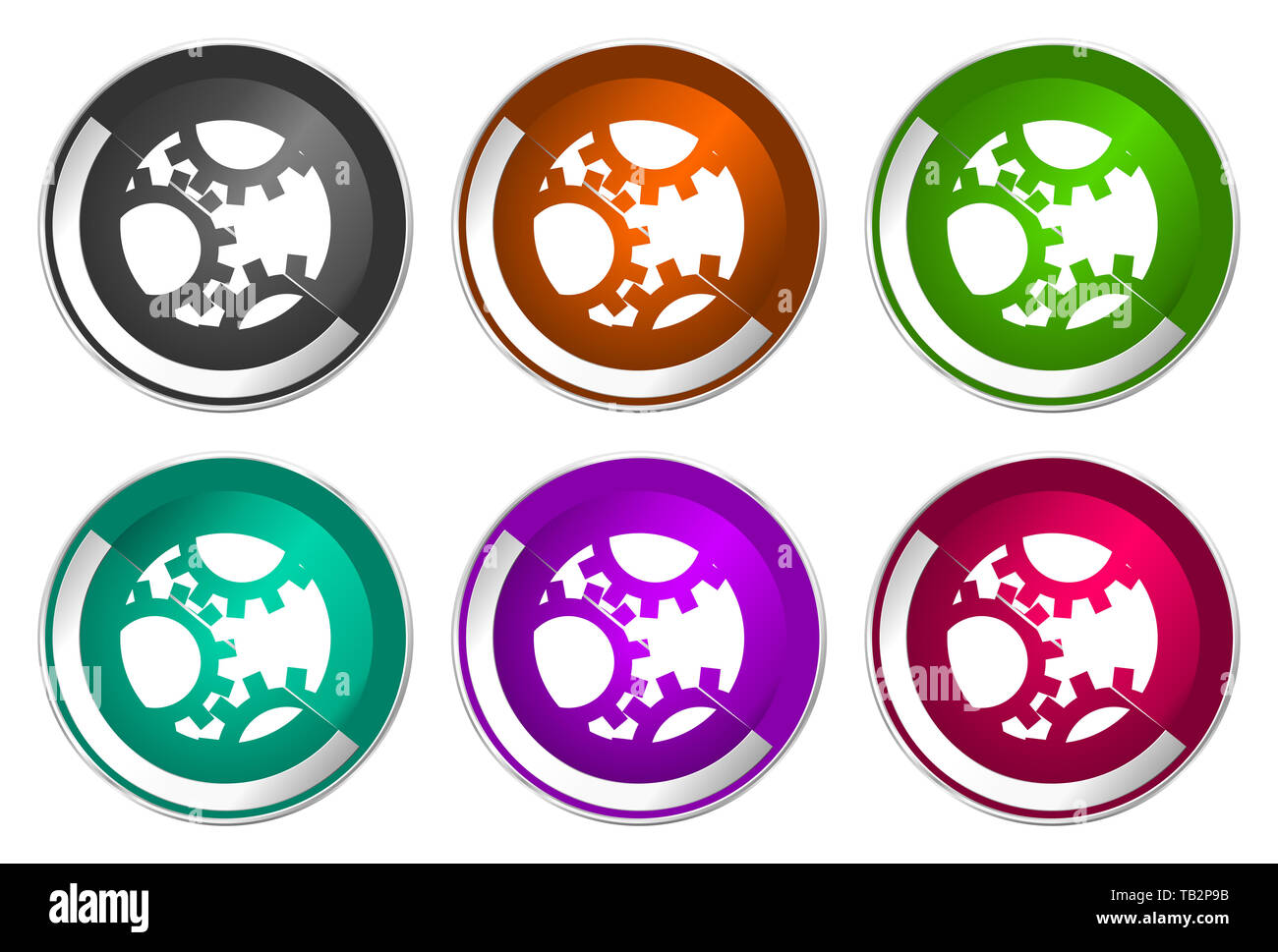 Gear icon set, silver metallic web buttons Stock Photo - Alamy
