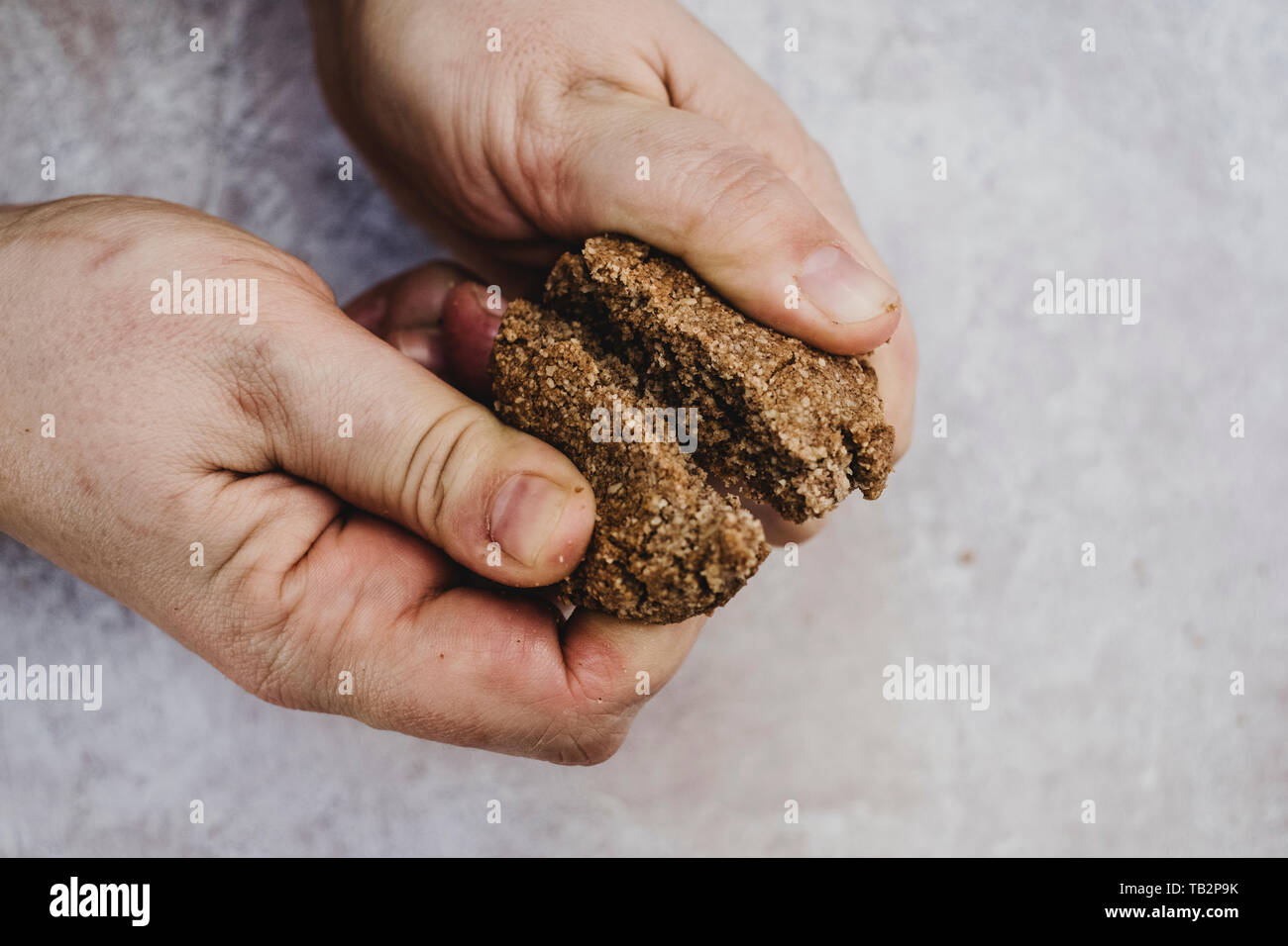 High angle close up of person breaking freshly baked chocolate cookie ...