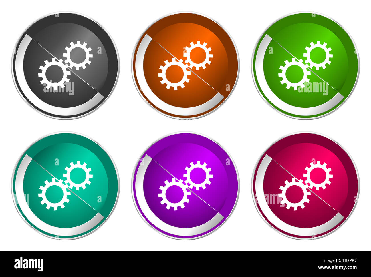 Gear icon set, silver metallic web buttons Stock Photo - Alamy