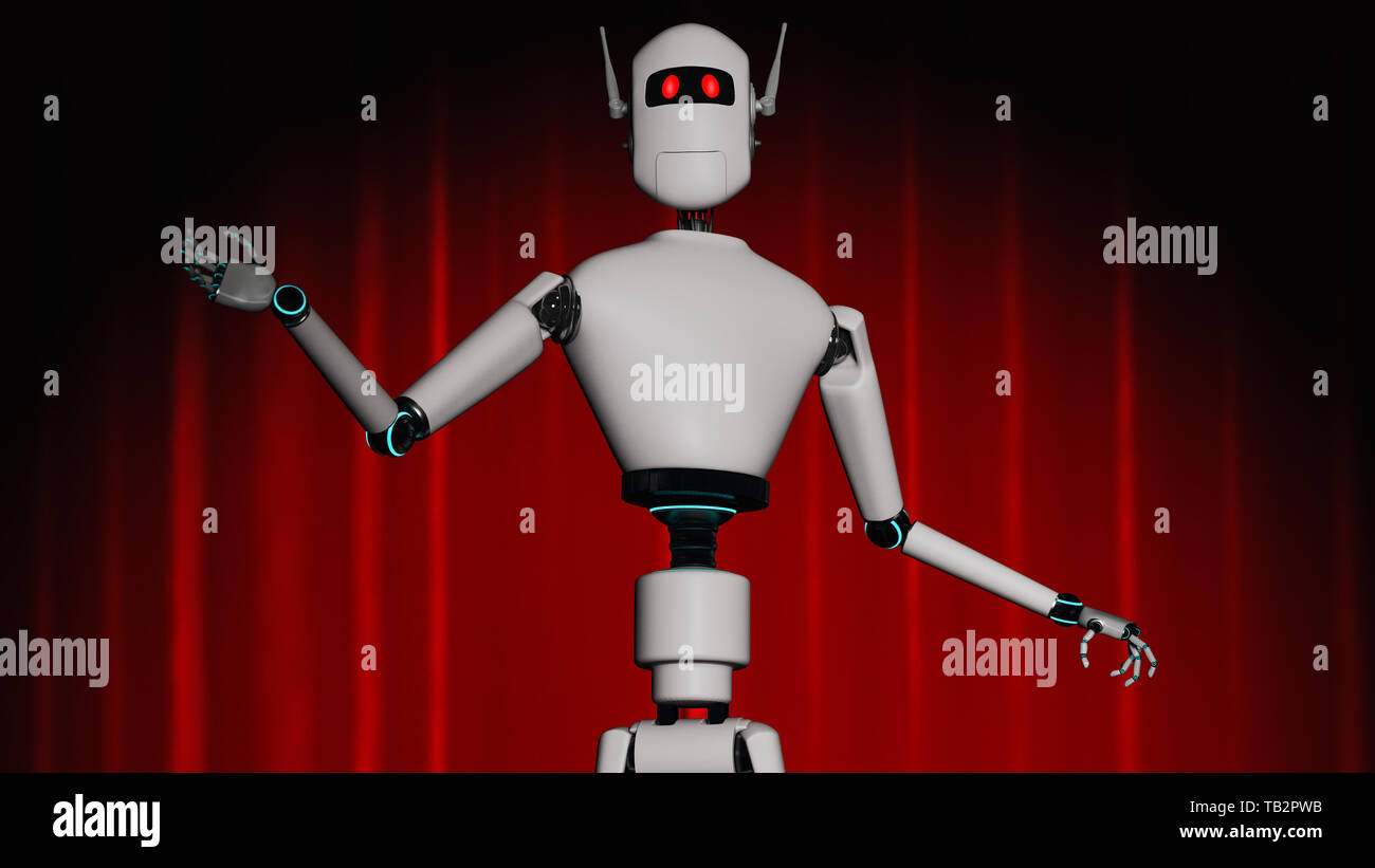 A robot stands on a stage with a red curtain (3d rendering Stock Photo ...