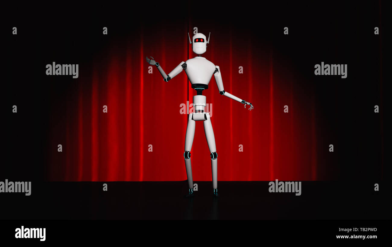 A robot stands on a stage with a red curtain (3d rendering Stock Photo ...