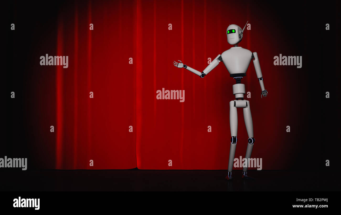 A robot stands on a stage with a red curtain (3d rendering Stock Photo ...