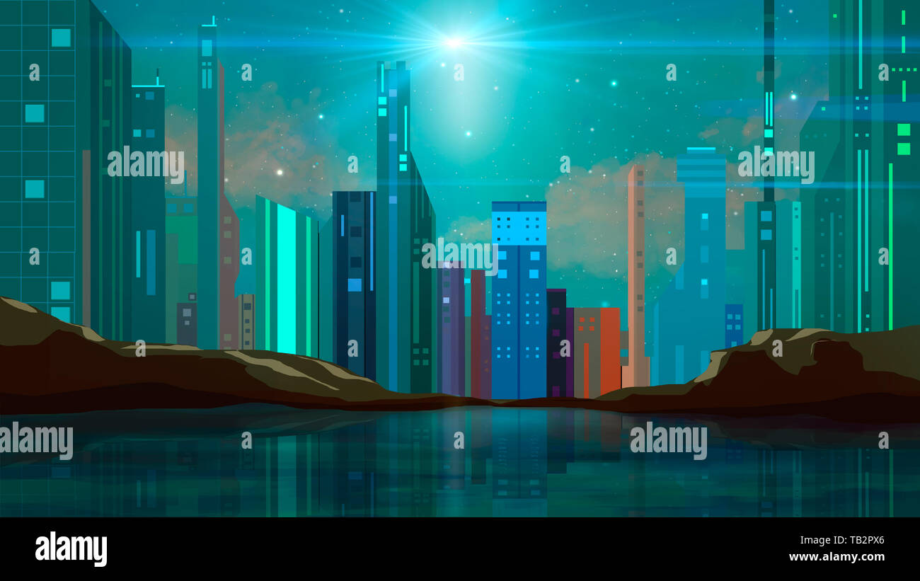 Colorful sci-fi modern future city illustration with rock, stars and ...