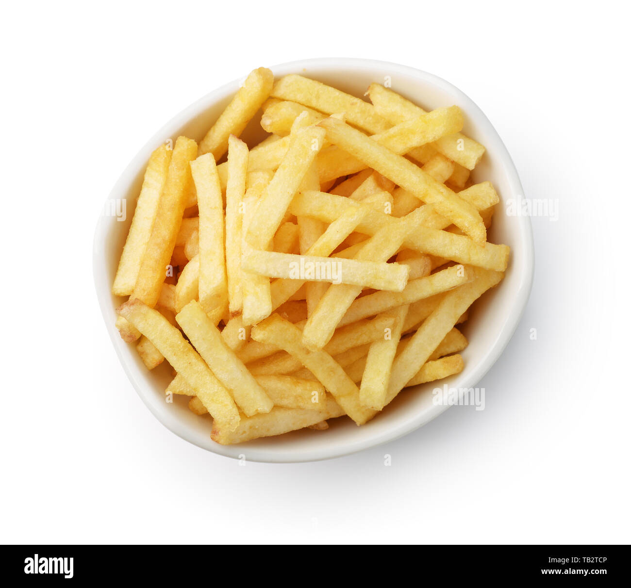 Top view of french fries in ceramic bowl isolated on white Stock Photo ...