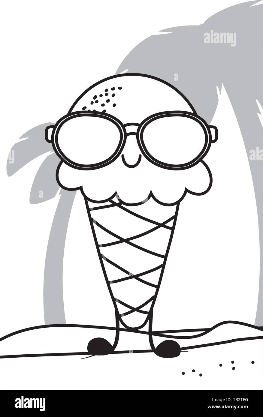 Ice cream cone with sunglasses summer funny cartoon at beach scenery ...