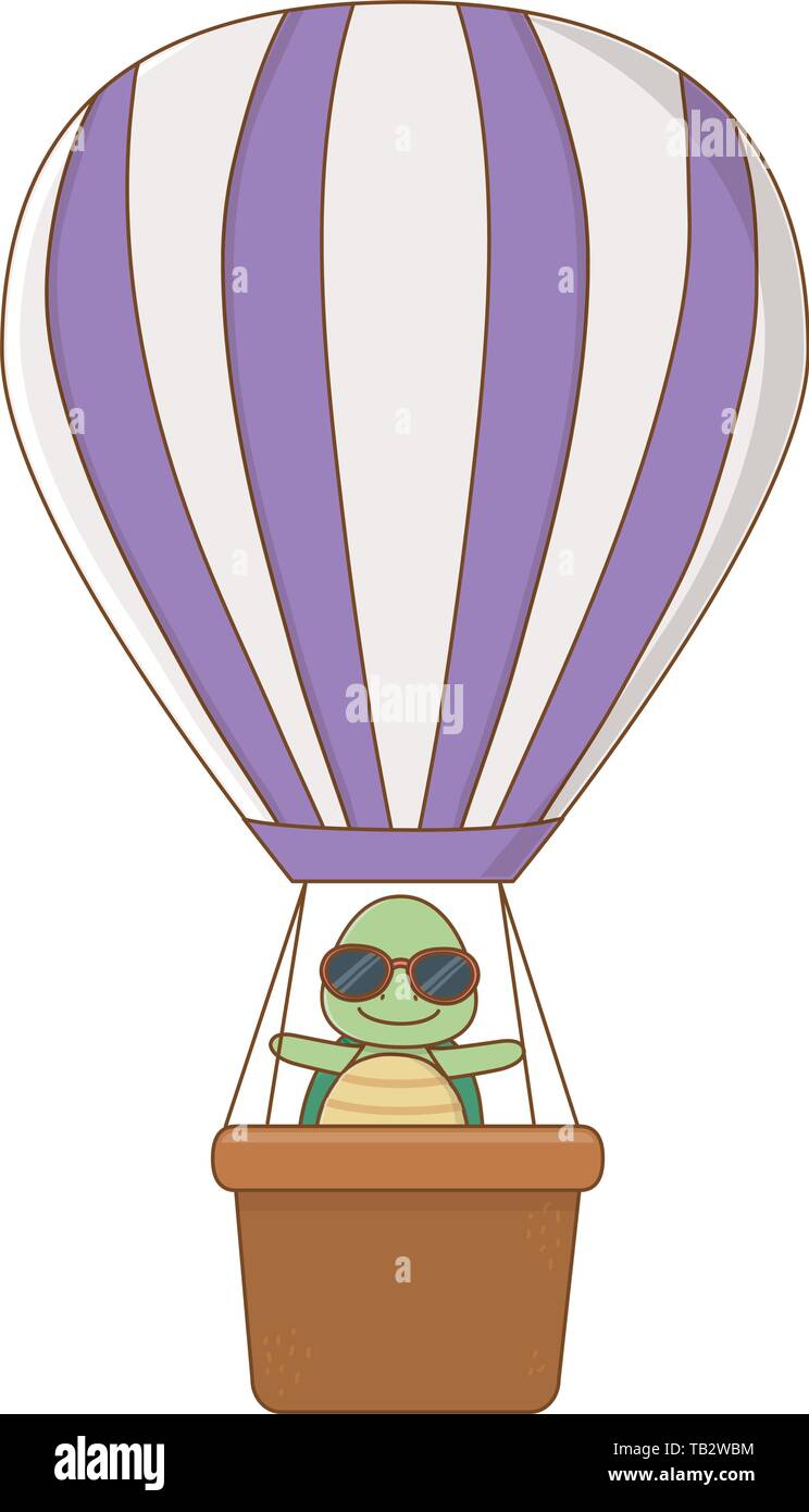 cute little animal turtle pet flying over hot air balloon cartoon ...