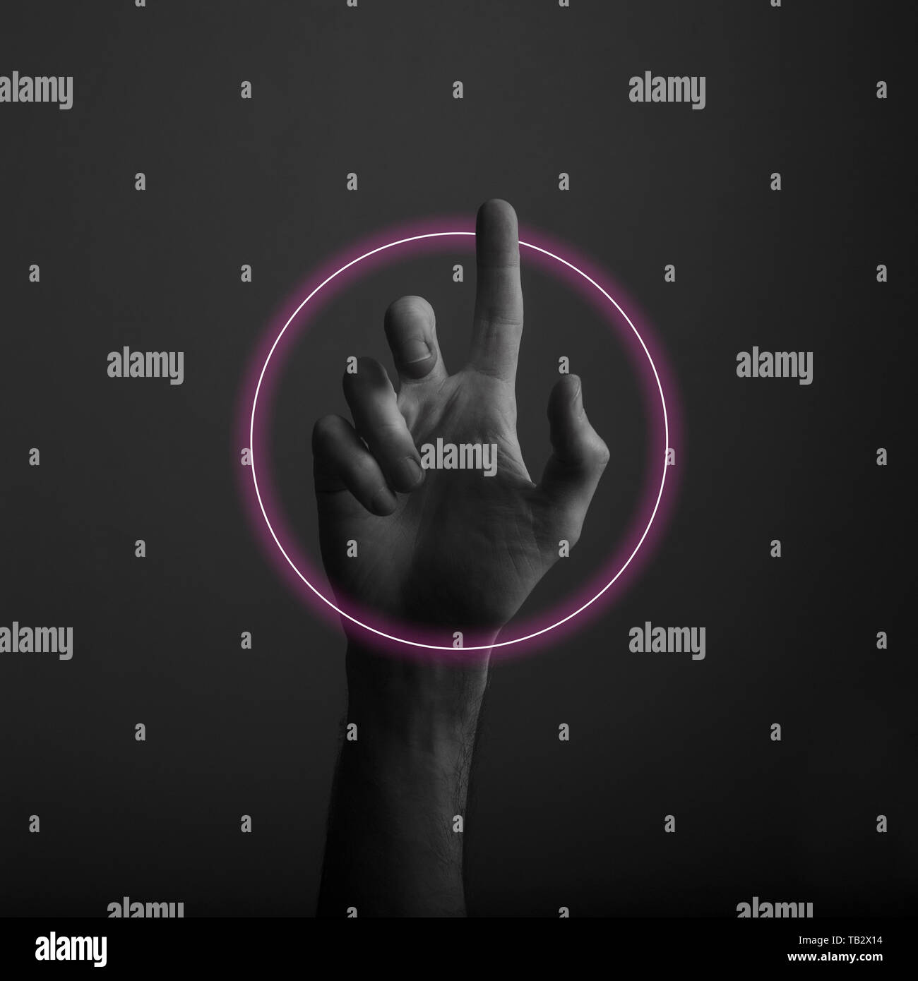Hand Pointing A Finger Against A Dark Background With Abstract Neon