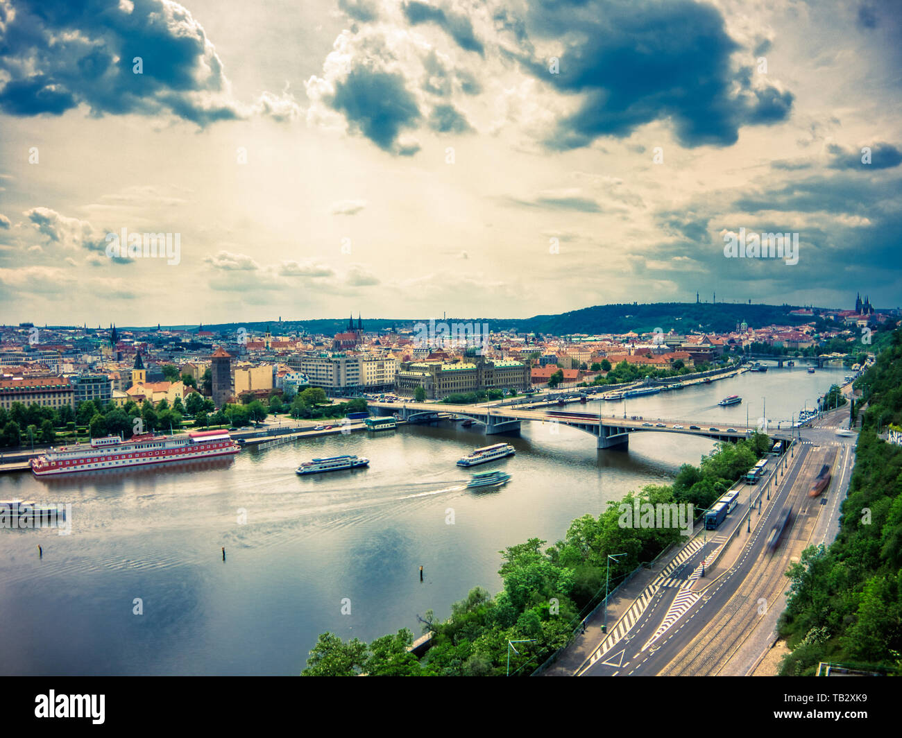 aerial view of Vltava river sunny day dark clouds Stock Photo - Alamy