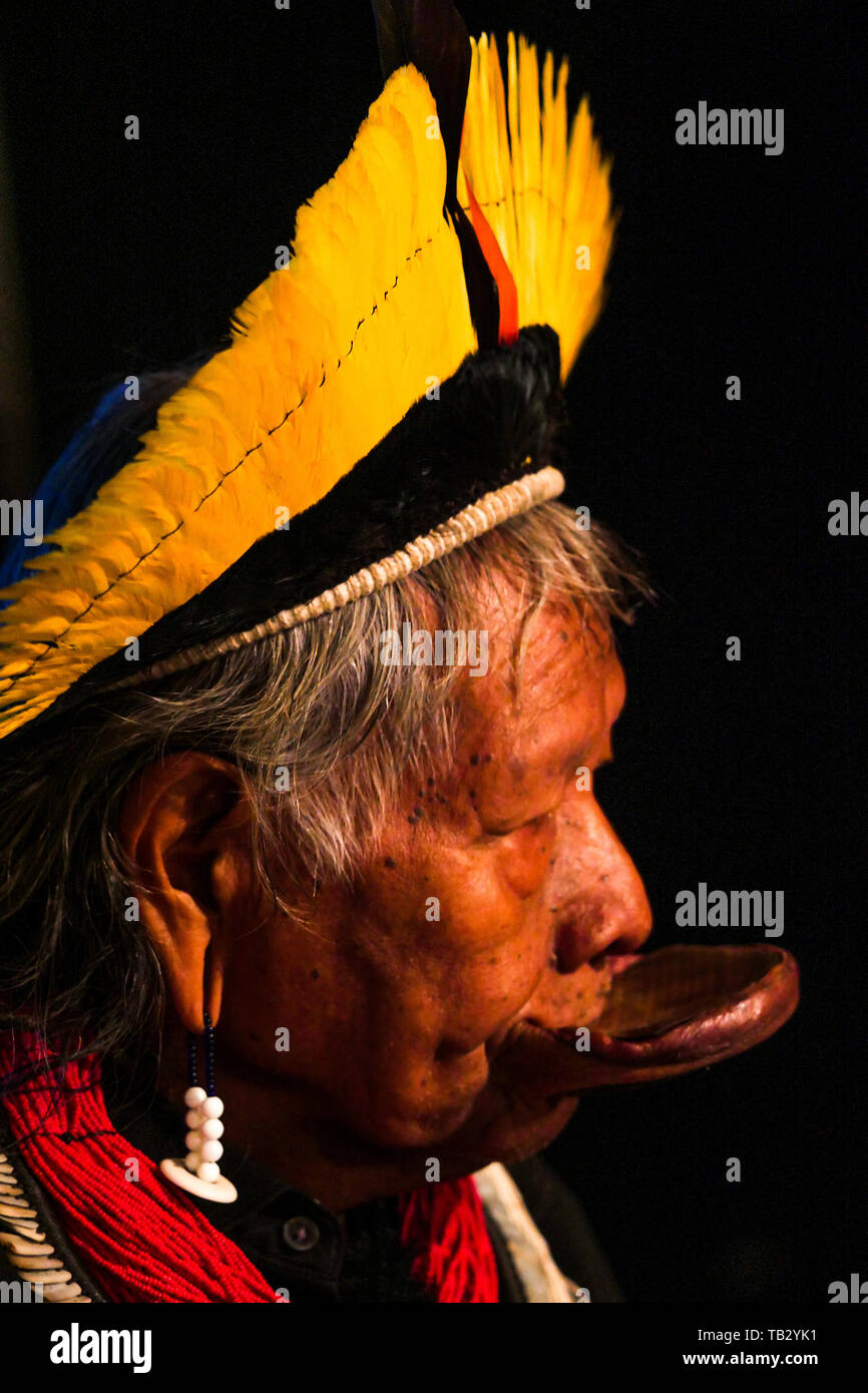 Portrait of Brazil's indigenous chief Raoni Metuktire, Lyon, France ...