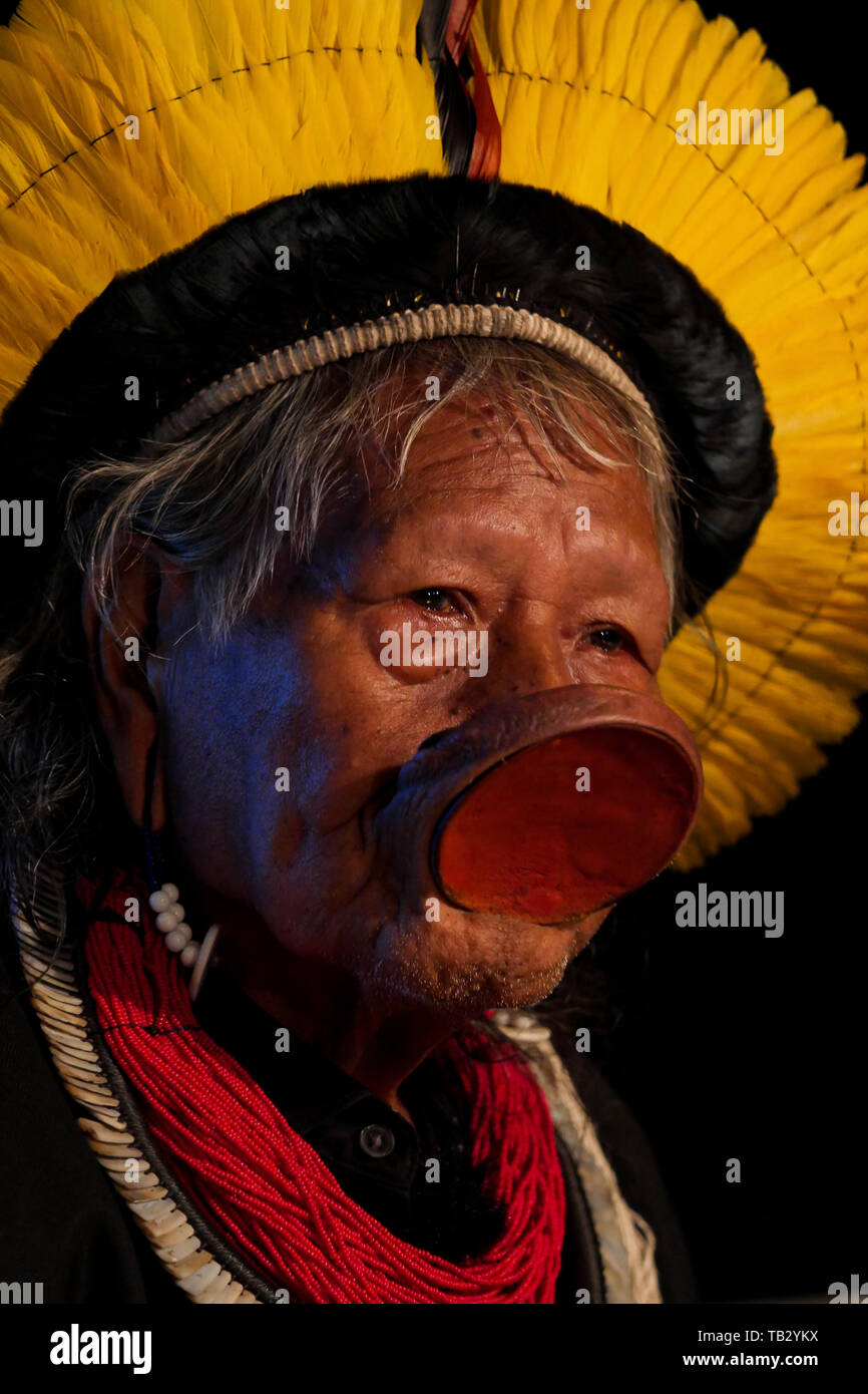 Portrait of Brazil's indigenous chief Raoni Metuktire, Lyon, France ...