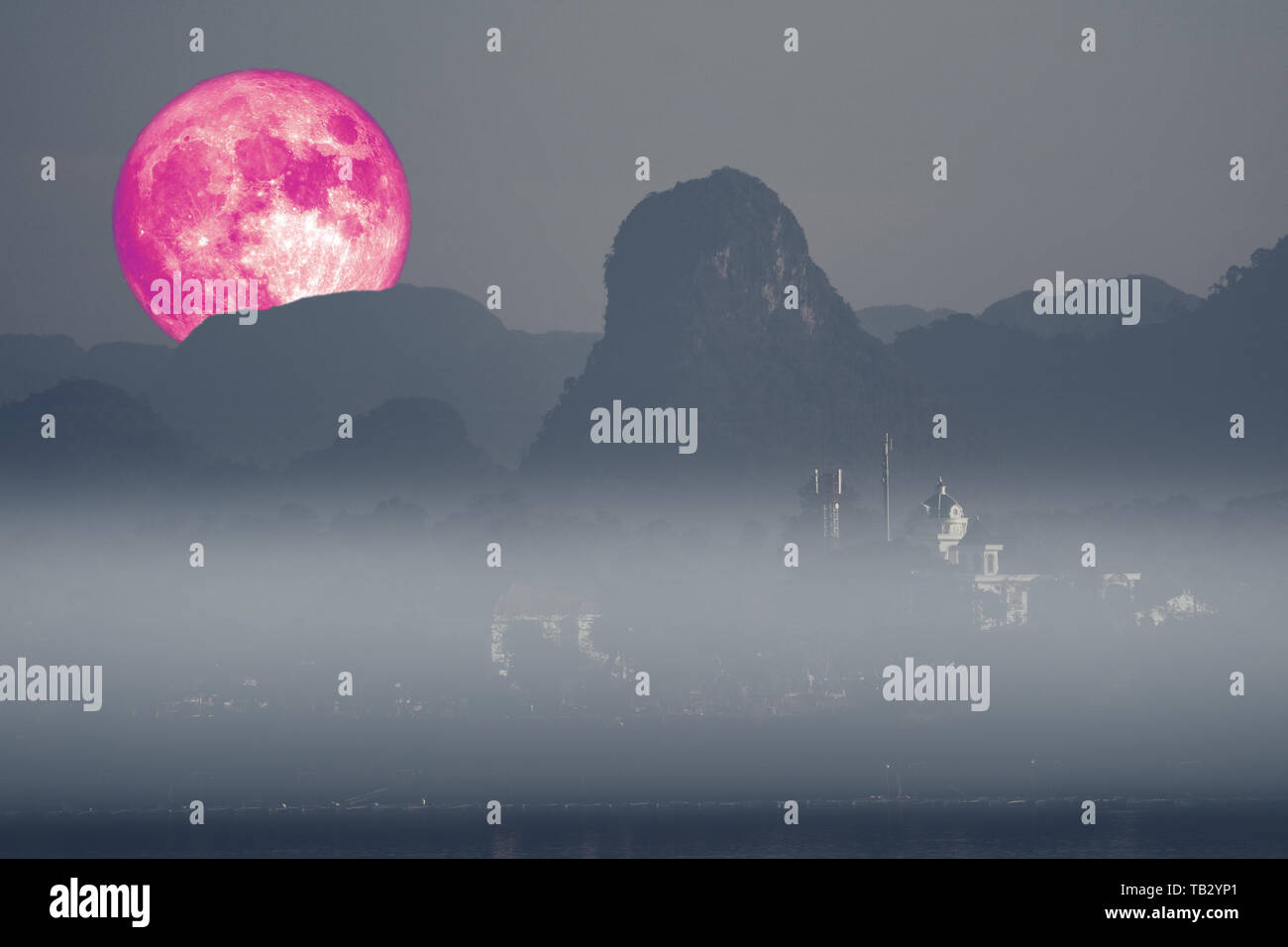 full fish moon back on cloud and fog on mountain night sky, Elements of ...