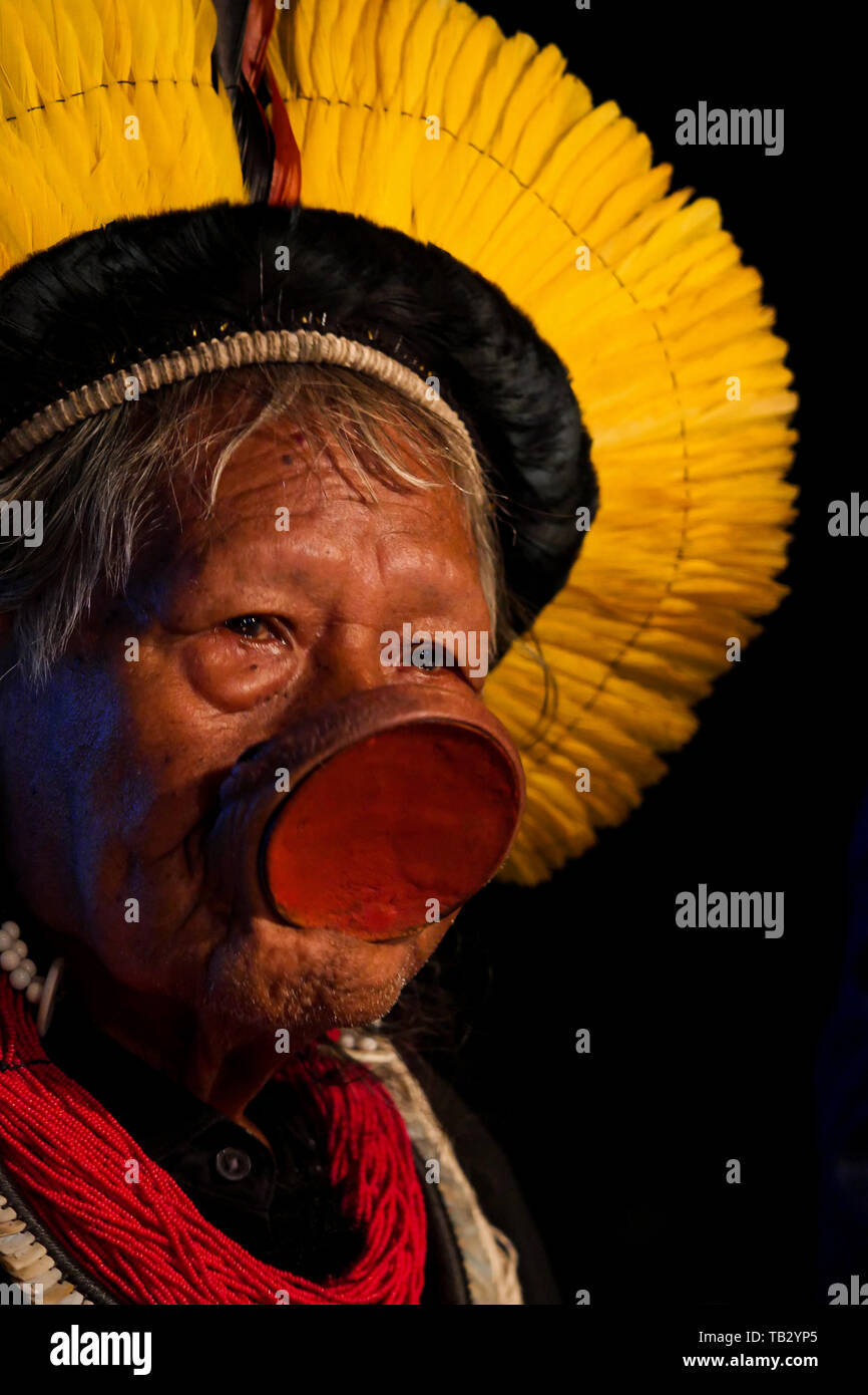 Portrait of Brazil's indigenous chief Raoni Metuktire, Lyon, France ...