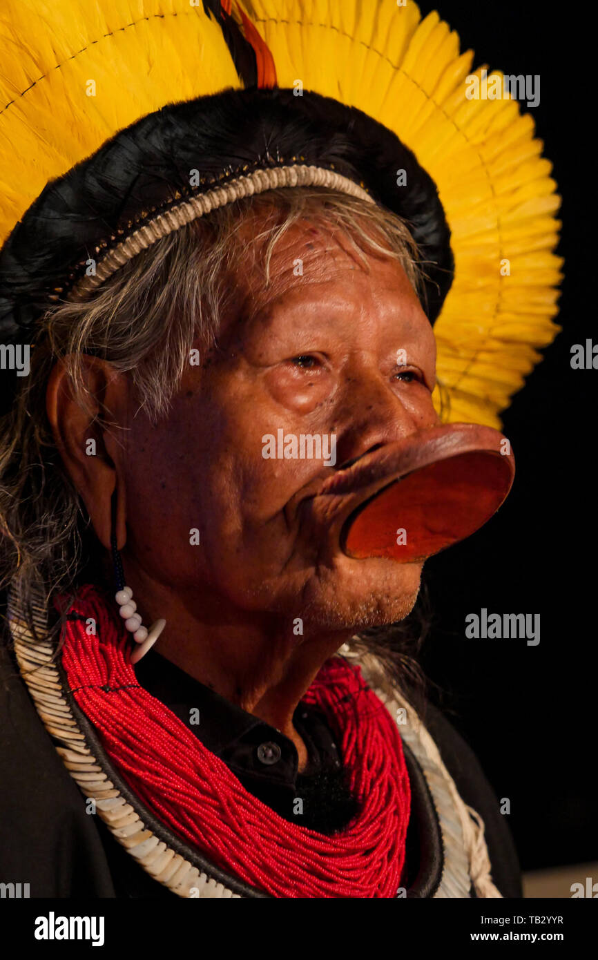 Portrait of Brazil's indigenous chief Raoni Metuktire, Lyon, France ...