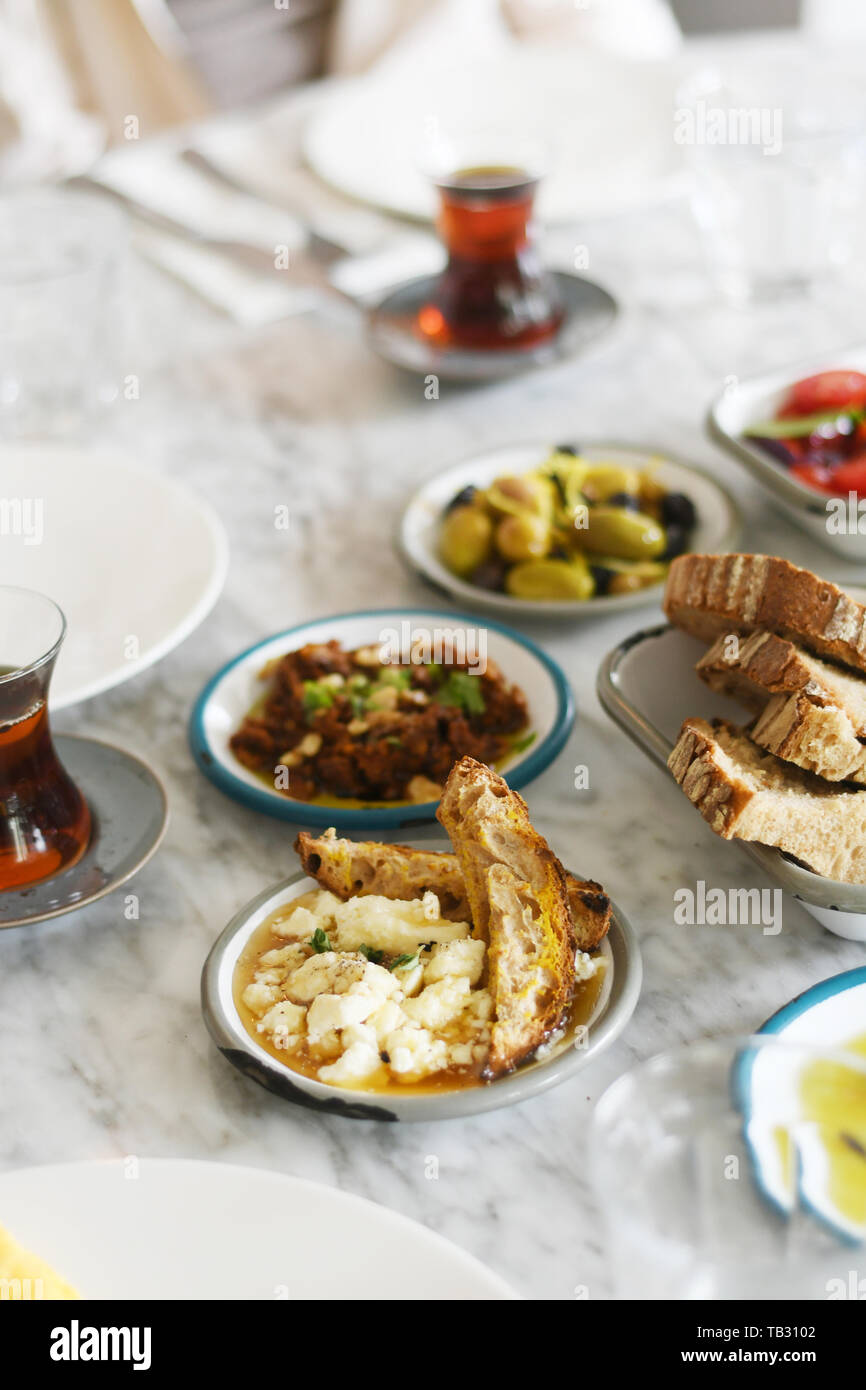 Turkish breakfast with various plates on a table Stock Photo - Alamy