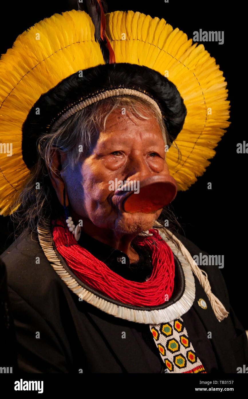 Portrait of Brazil's indigenous chief Raoni Metuktire, Lyon, France ...