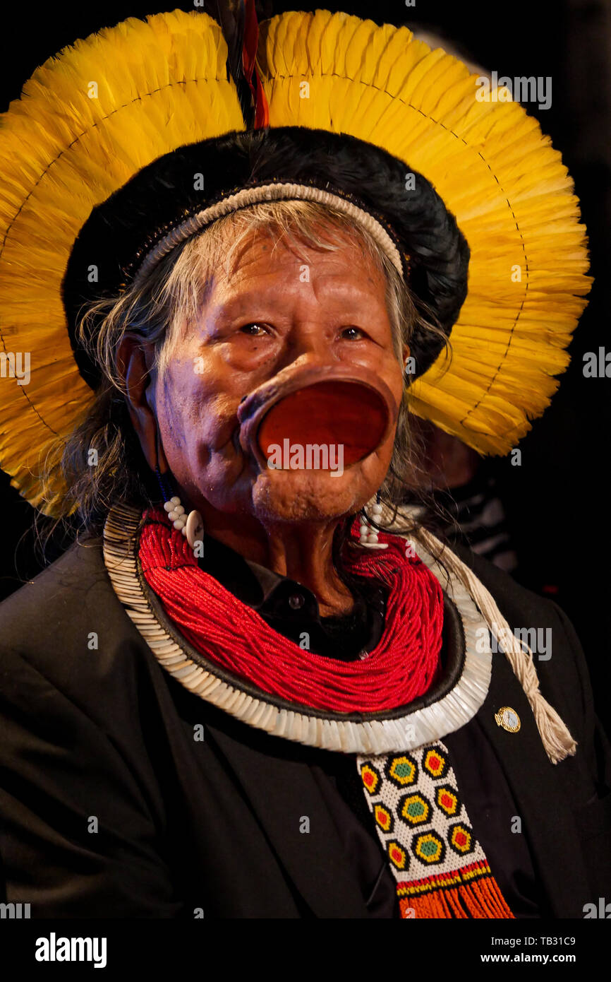 Portrait of Brazil's indigenous chief Raoni Metuktire, Lyon, France ...