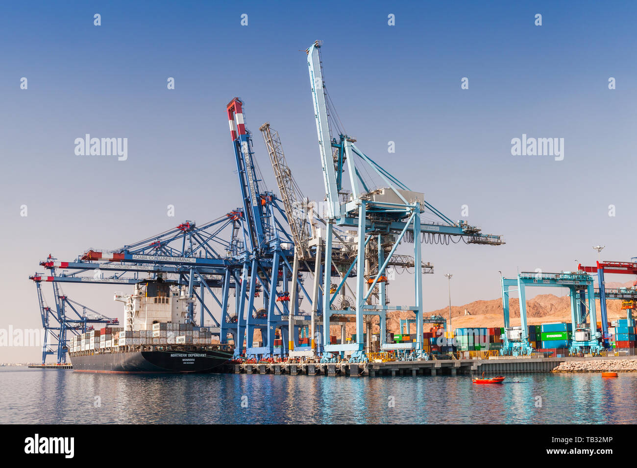 Aqaba, Jordan - May 18, 2018: Blue gantry cranes work in Aqaba ...
