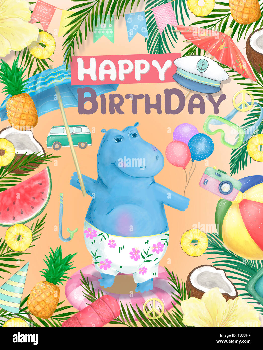 Cute Summer hippo on a skateboardvector illustration. Give me summer ...