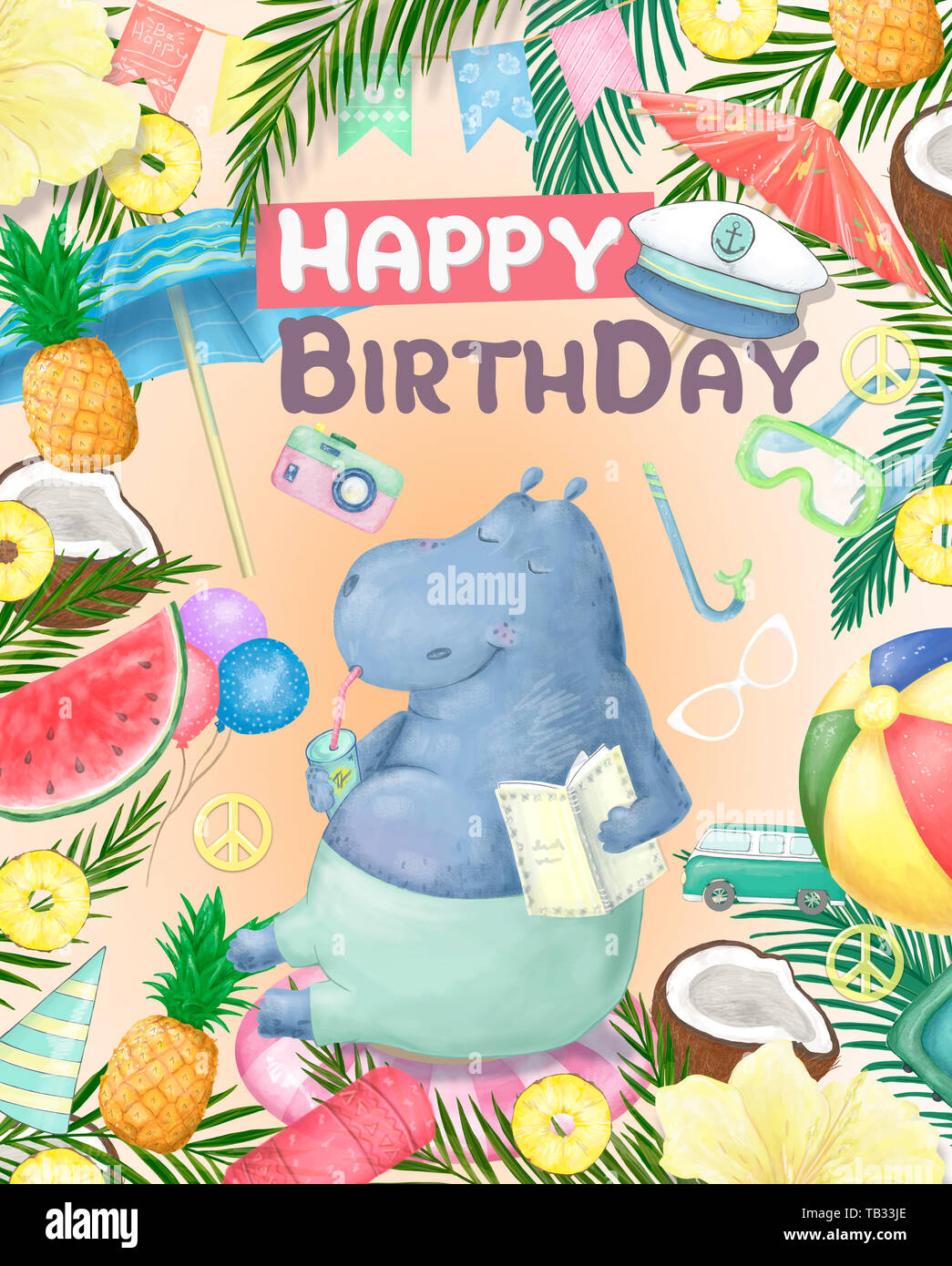 Birthday card with cartoon funny hippopotamus and red lollipop ...