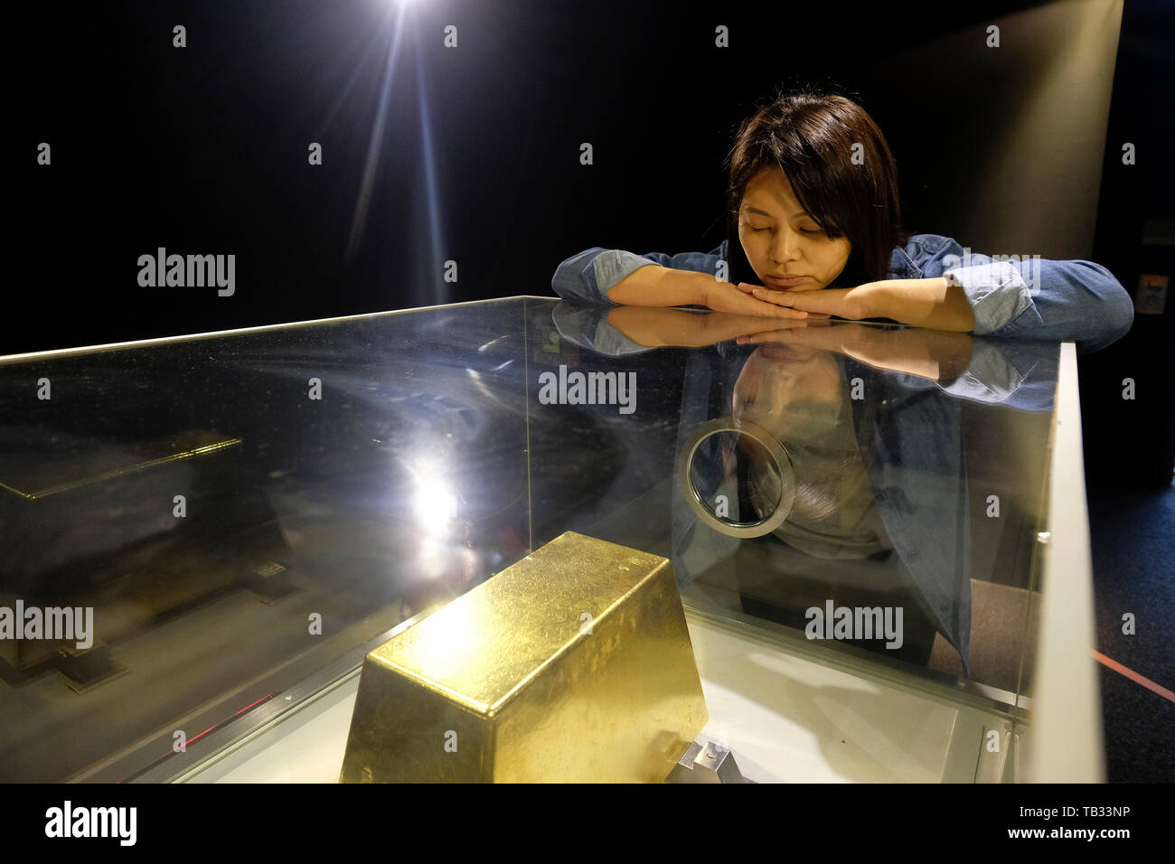 a visitor leans on a glass cover as she views a world record, 220kg ...
