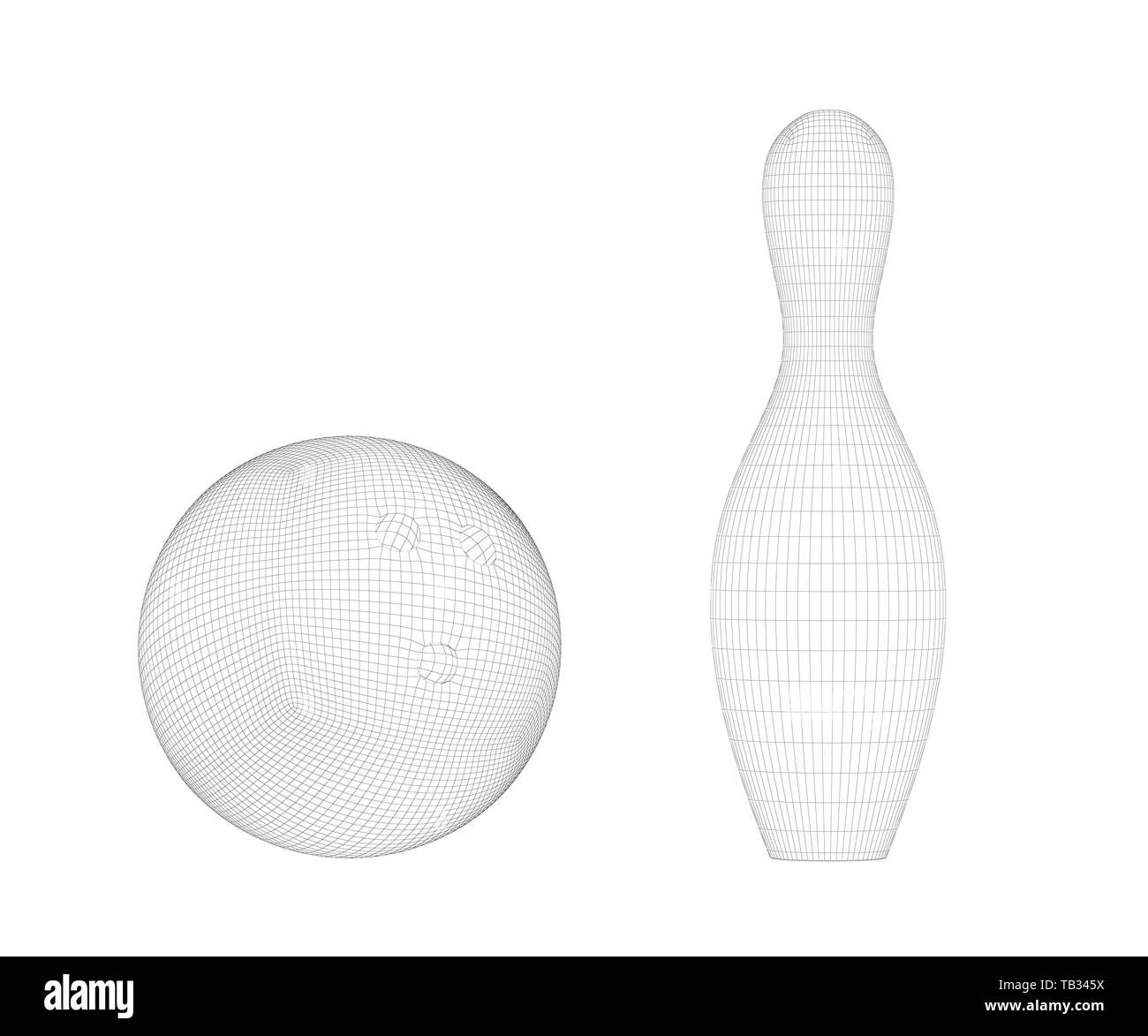 3D wire-frame model of bowling ball and pin on white background Stock ...