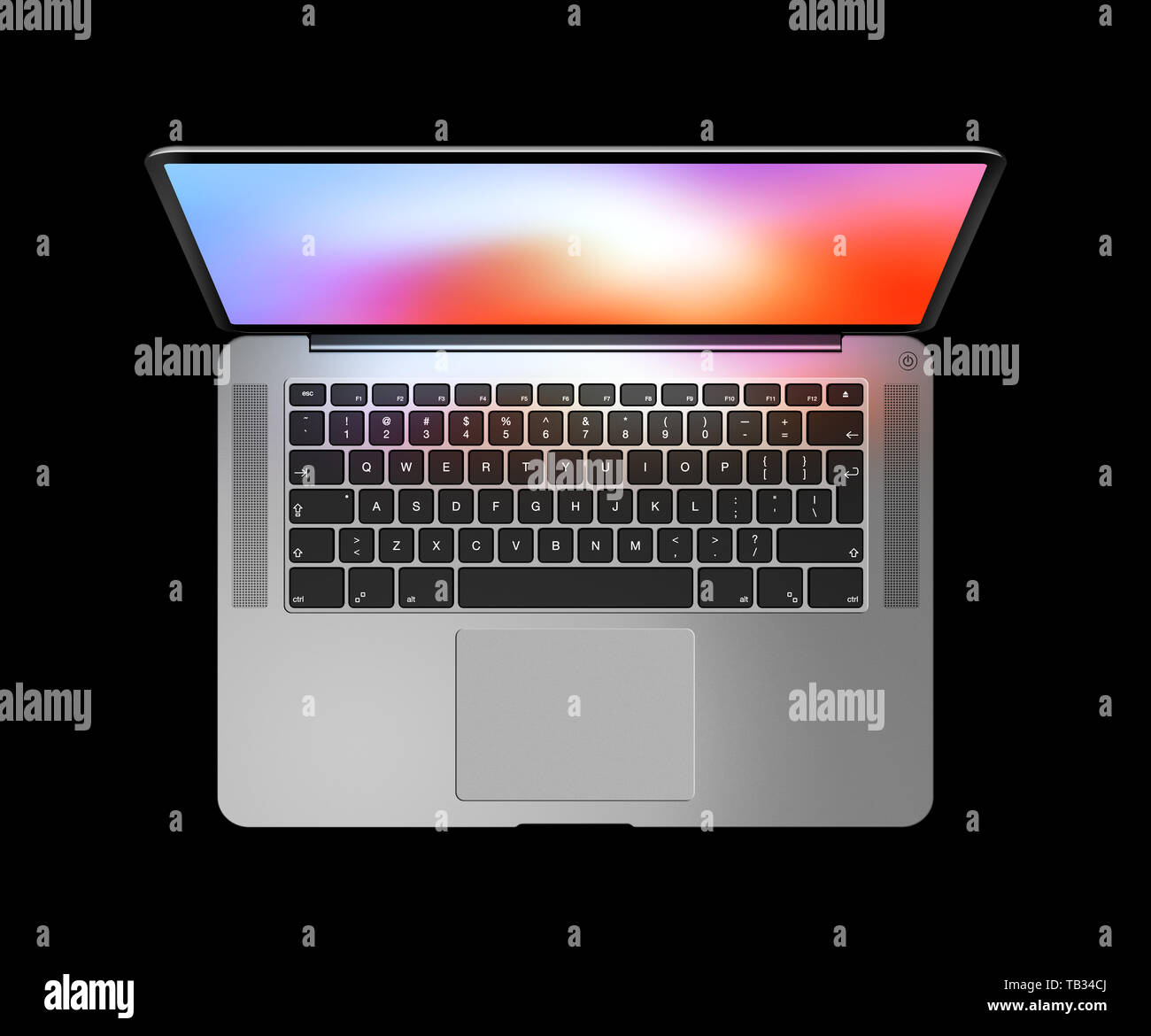 Open laptop top view with colorful screen, isolated on black. Dark ...