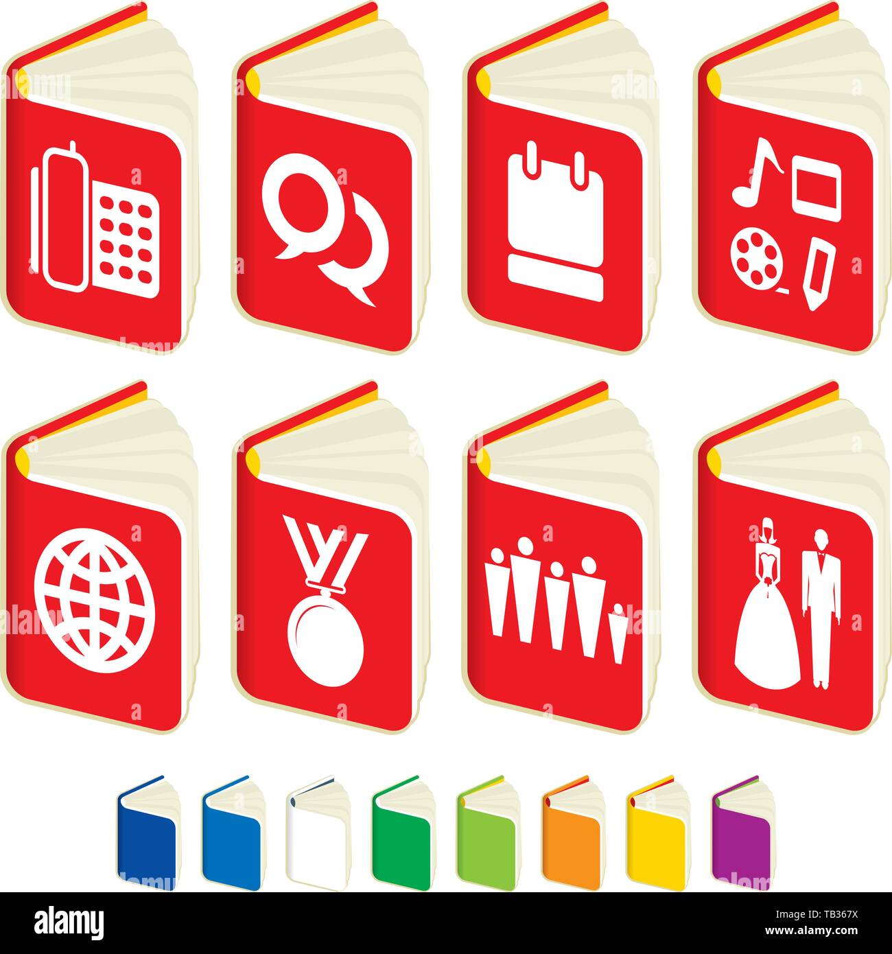 Vector illustration. Eight agenda books in red with different icons ...