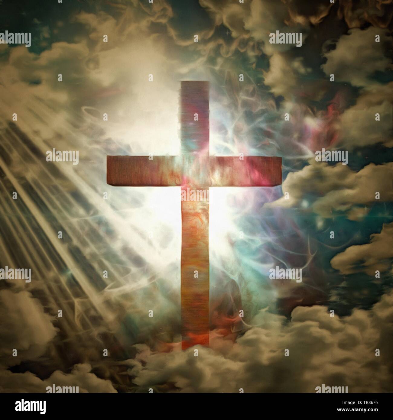 Christian cross in rays of light Stock Photo - Alamy