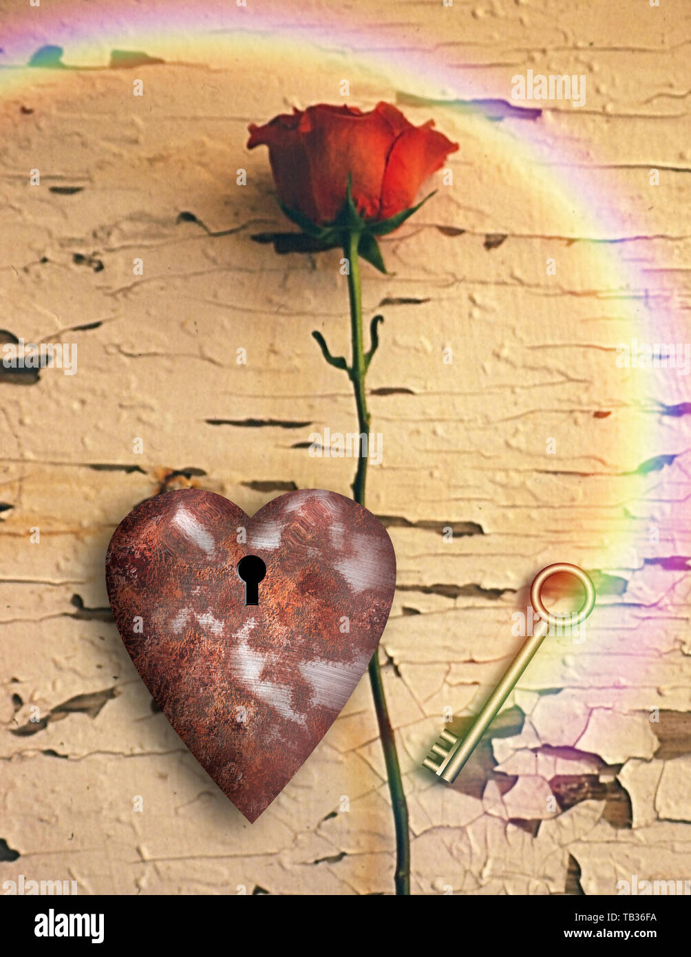 Red rose and rusted heart with keyhole. Golden key Stock Photo - Alamy