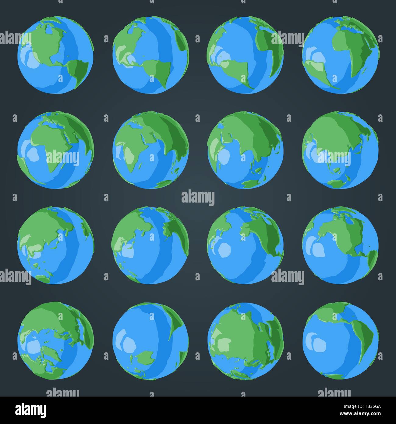 Set of cartoon 3D globe with green continents and blue oceans with ...