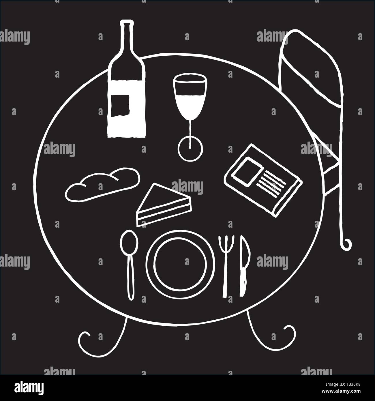 Vector illustration. Lineal breakfast table drawing in black and white ...