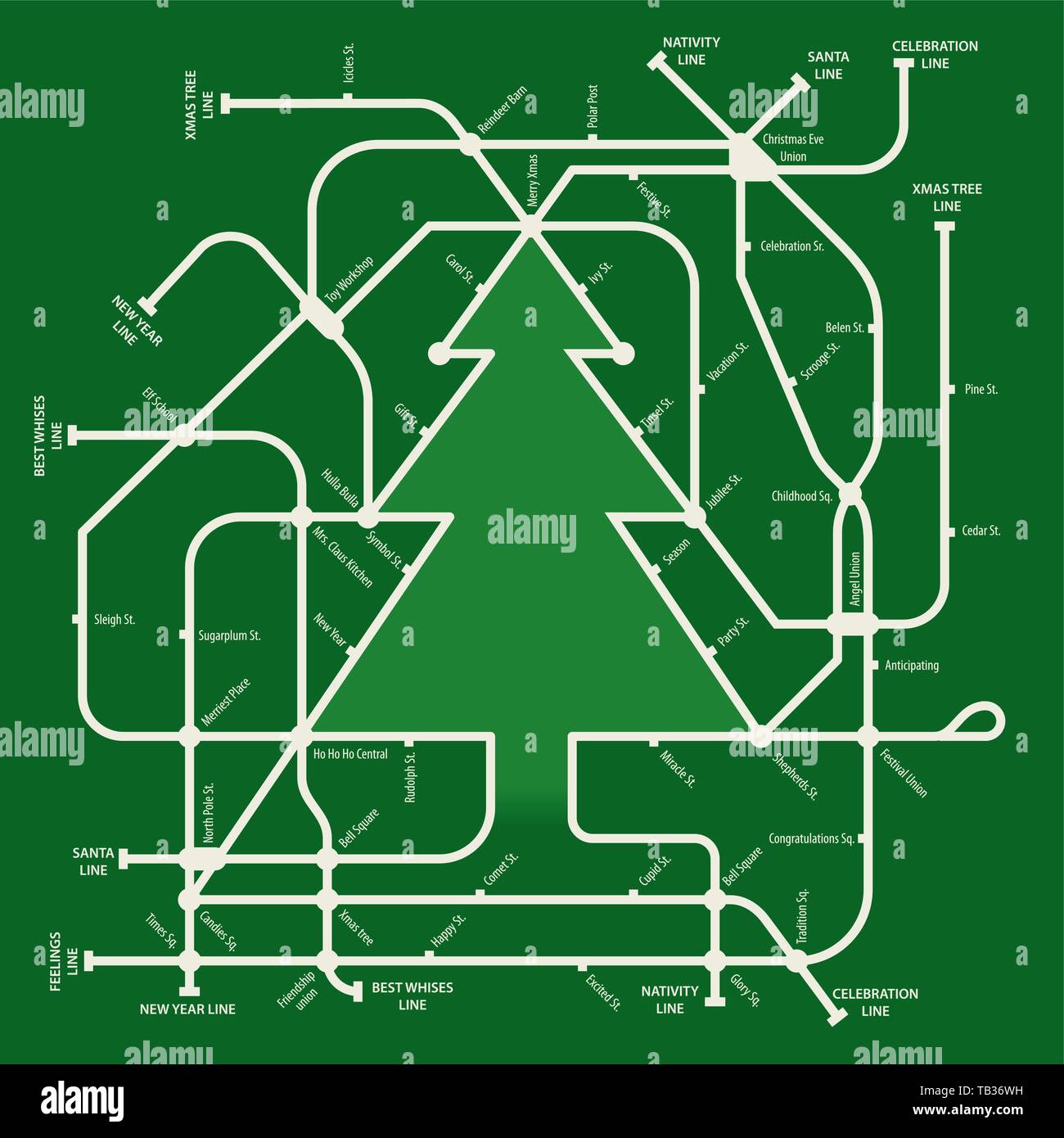 Vector illustration. Underground map in Christmas tree form ...