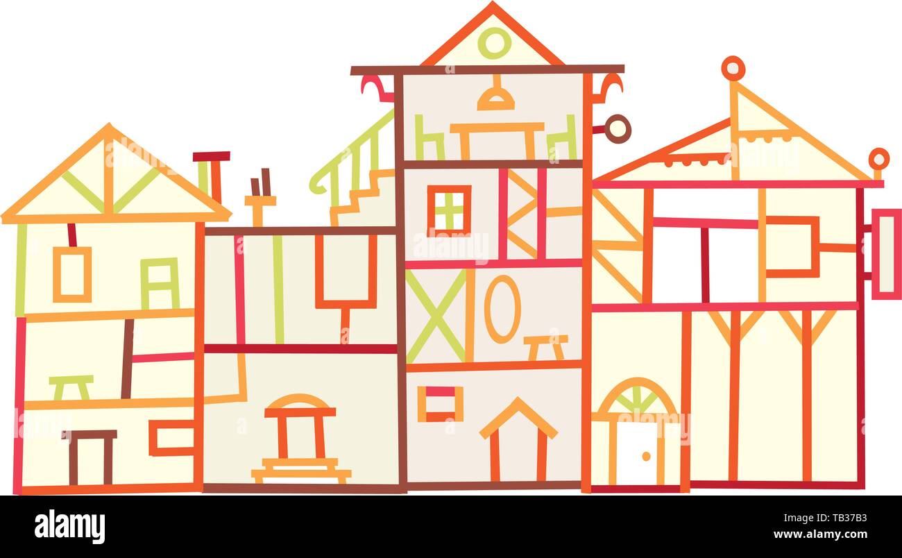 Vector illustration. Simple drawing of a group of wood buildings Stock ...