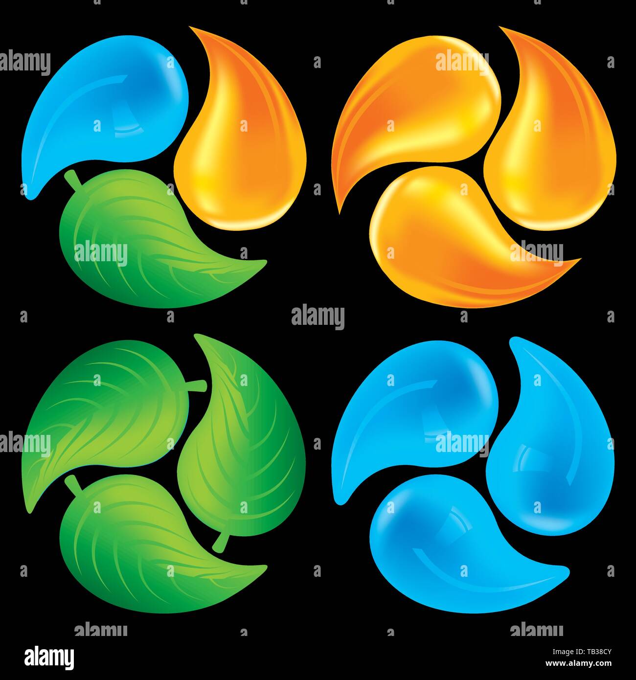 Vector illustration. Elemental circles. Water drop, fire flame and leaf ...