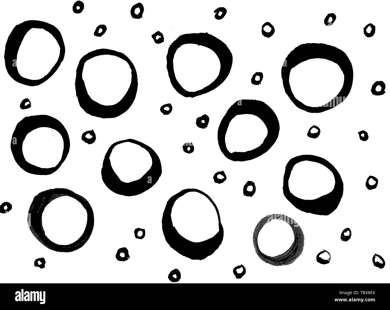 Watercolor texture with round spots hand-drawn circles, black rings ...