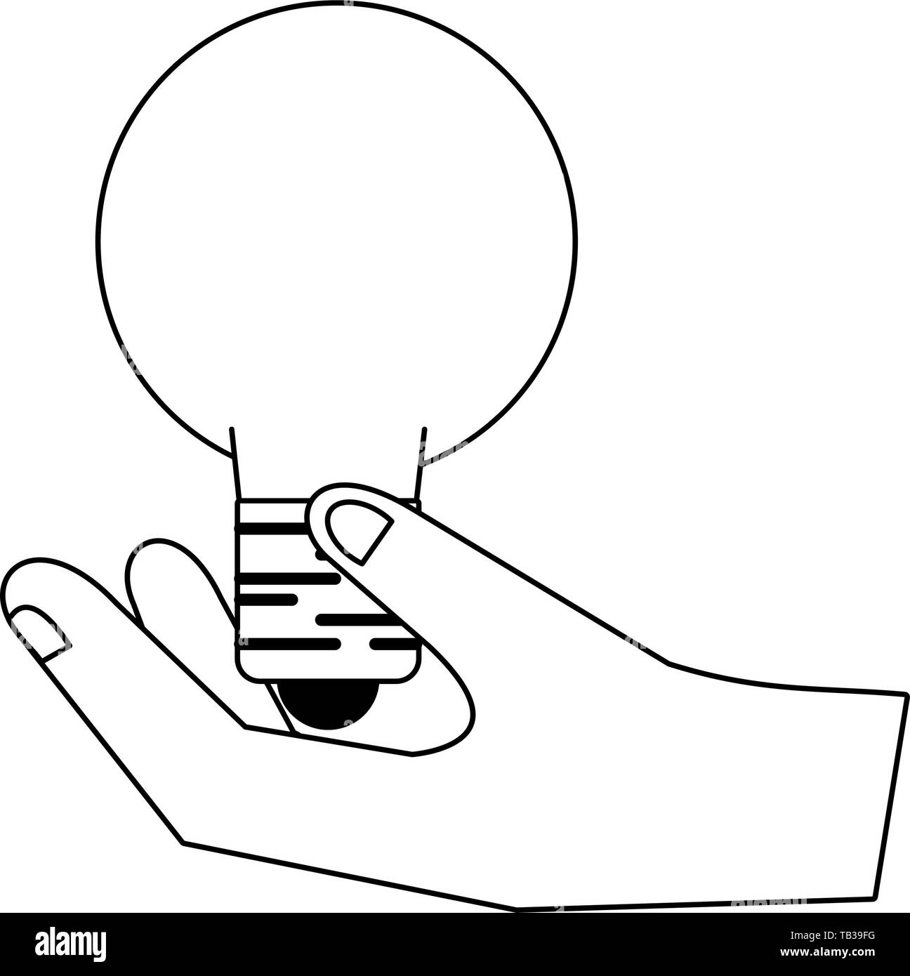 Hand holding bulb light symbol isolated in black and white Stock Vector ...