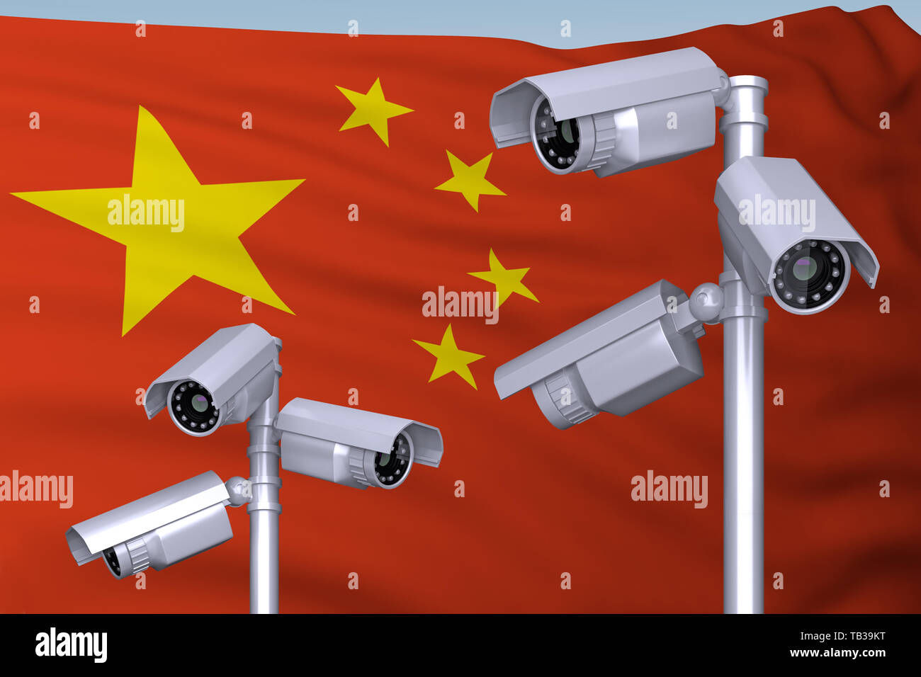 group of video cameras on background of flag of China. 3d rendering ...