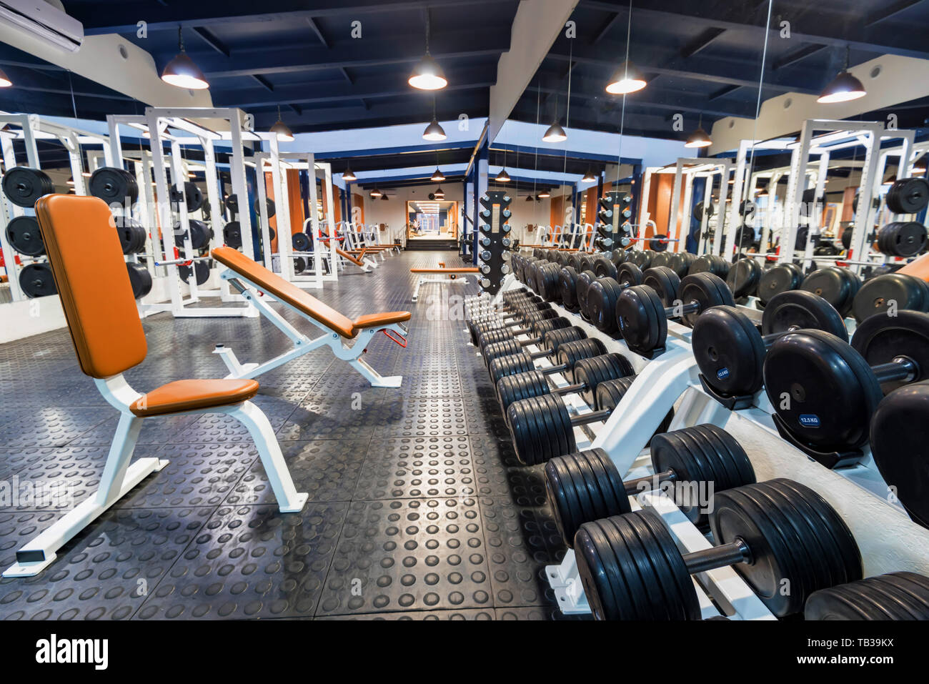 New fitness machines and dumbbells in modern gym interior Stock Photo ...
